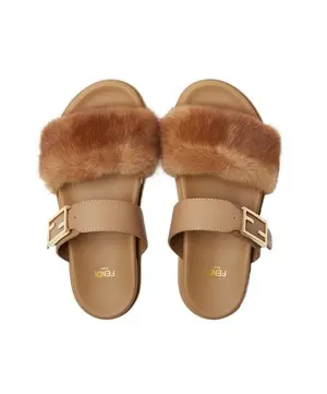 Fendi Ff Buckle Double-band Slides With Mink Detail