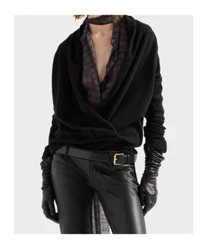 7 For All Mankind Wool V-neck Wrap Sweater - Black