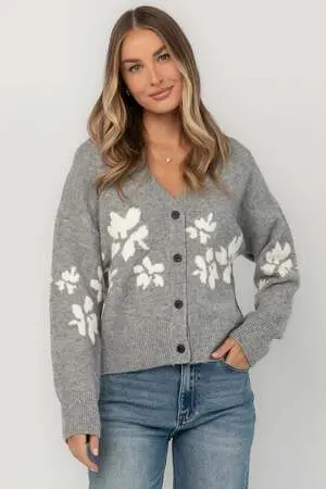 IN FEBRUARY Adelana Floral Knit V-neck Cardigan - Gray