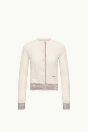 Moncler Cable Knit Wool & Cashmere Blend Cardigan With Madras Cotton Flannel Details