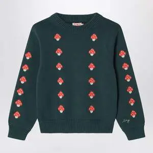 TINY COTTONS Dark Cotton Sweater With Embroidered Mushrooms - Green