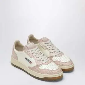 AUTRY Medalist Low Sneakers In White/pink With Crocodile-effect Inserts Beige
