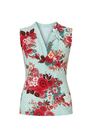CONQUISTA Sleeveless Draped Neckline Floral Top - Blue/red
