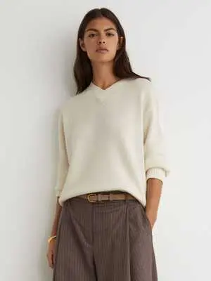 REISS Mari Petite V-neck Jumper - Ivory
