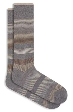 Bugatchi Stripe Cotton Blend Dress Socks - Stone