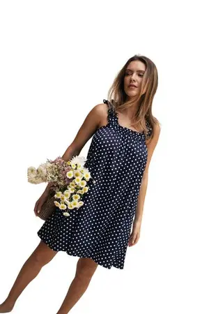 ME AND LIA Mila Polka Dot Dress With Gathered Neckline - Navy