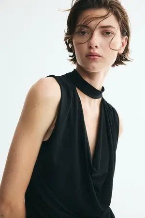 H&M Sleeveless Draped Top With Stand-up Collar