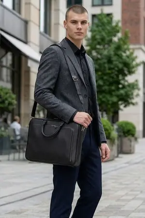 LUIS STEVEN Italian Pebble Leather Laptop Briefcase - Black