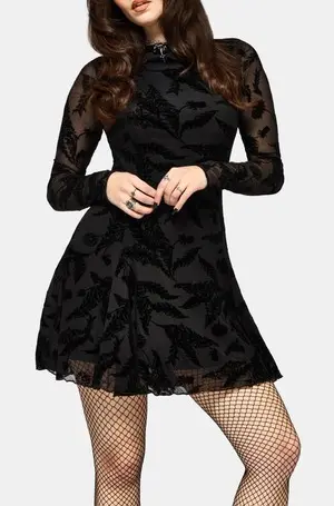 DISTURBIA Cimora Dandelion Flocked Mesh Mini Dress - Black