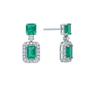 QIRAT FINE JEWELRY Emerald Cut Emerald & Diamond Halo Drop Earrings