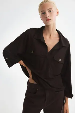 H&M Piqué Pullover Shirt With Dropped Shoulders And Chest Pockets - Dark Brown