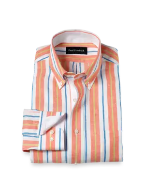 PAUL FREDRICK Linen Buttondown Collar Poplin Tailored Contrast Trim Button Cuff Long Sleeve - White Multi