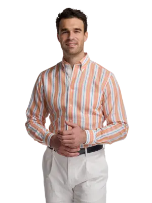 PAUL FREDRICK Linen Buttondown Collar Poplin Tailored Contrast Trim Button Cuff Long Sleeve