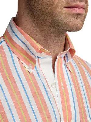 PAUL FREDRICK Linen Buttondown Collar Poplin Tailored Contrast Trim Button Cuff Long Sleeve