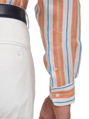 PAUL FREDRICK Linen Buttondown Collar Poplin Tailored Contrast Trim Button Cuff Long Sleeve
