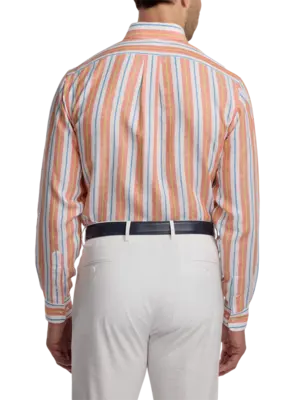 PAUL FREDRICK Linen Buttondown Collar Poplin Tailored Contrast Trim Button Cuff Long Sleeve