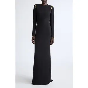 TOM FORD Long Sleeve Silk Evening Dress With Chainmail Trim - Black/gold