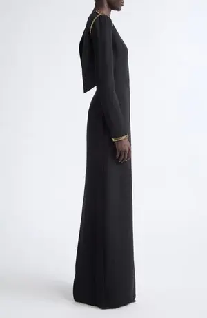 TOM FORD Long Sleeve Silk Evening Dress With Chainmail Trim - Black/gold