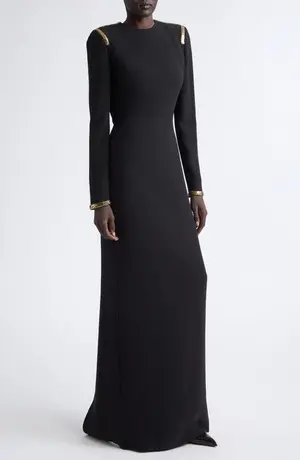 TOM FORD Long Sleeve Silk Evening Dress With Chainmail Trim - Black/gold