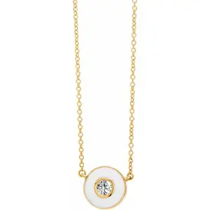 SYNA JEWELS 18k Yellow Gold Enamel Disc Diamond Pendant Necklace - White Enamel