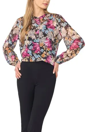 Halogen Mock Neck Shirred Button-down Shirt