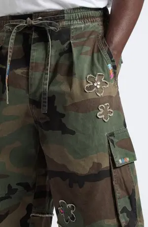 NAHMIAS Crystal Embellished Floral Patch Camouflage Print Cotton Twill Cargo Shorts - Camo Twill