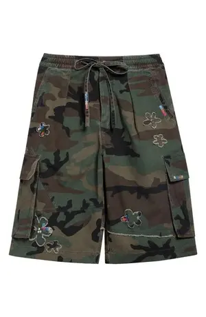 NAHMIAS Crystal Embellished Floral Patch Camouflage Print Cotton Twill Cargo Shorts - Camo Twill
