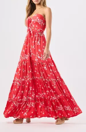 Tiare Hawaii Gardenia Strapless Floral Maxi Dress