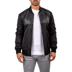 MACEOO Croc Embossed Leather Bomber Jacket - Black