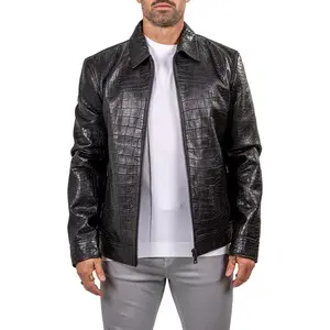 MACEOO Marthyr Croc Embossed Leather Jacket - Black