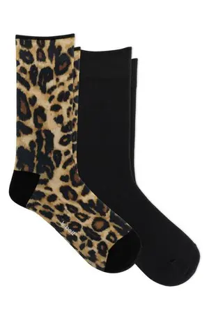 K BELL SOCKS Leopard Print And Solid Crew Socks 2 Pack - Black