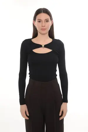 MONLICIA Detail Cutout Long Sleeve Stretch Top - Black