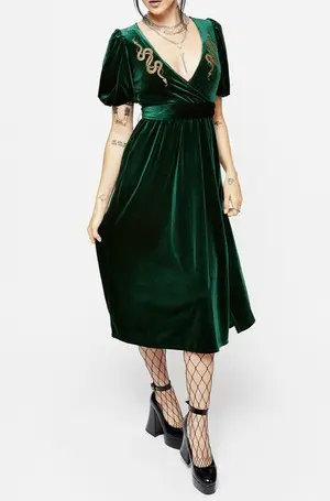 DISTURBIA Velour Applique Midi Wrap Dress