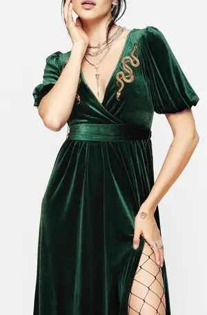 DISTURBIA Velour Applique Midi Wrap Dress