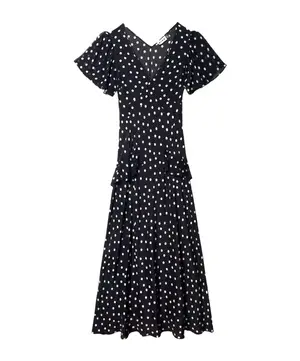 Rixo V-neck Polka Dot Midi Dress With Short Sleeves - Black