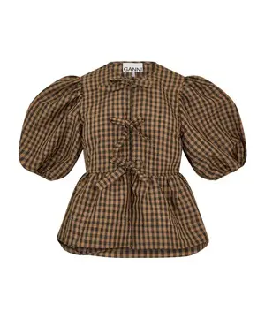 GANNI Checkered Puff Sleeve Blouse With Tie Detail - Brown