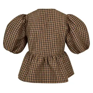 GANNI Checkered Puff Sleeve Blouse With Tie Detail - Brown