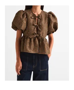 GANNI Checkered Puff Sleeve Blouse With Tie Detail - Brown