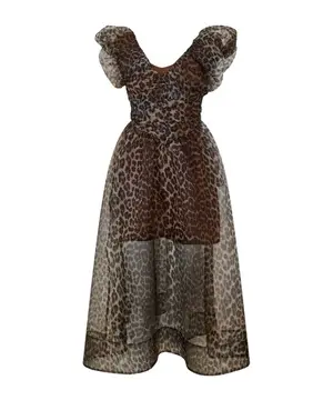 GANNI Leopard Print Tulle V-neck Puff Sleeve Dress - Multicolor