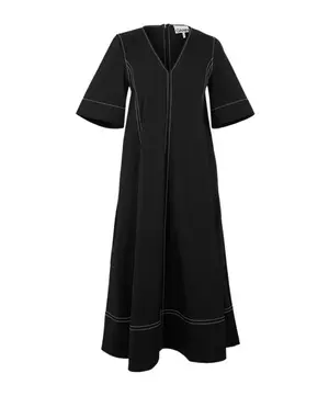 GANNI V-neck Short-sleeved Dress With Contrast Stitching - Black