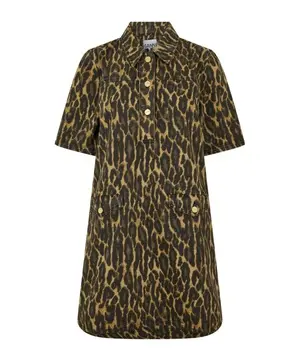GANNI Leopard Print Denim Shirt Dress - Black