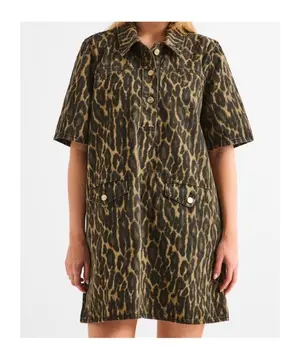 GANNI Leopard Print Denim Shirt Dress