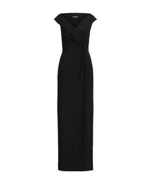 Ralph Lauren Off-the-shoulder V-neck Gown With Side Slits And Pleating - Black