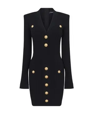 Balmain V-neck Ribbed Knit Dress With Button Detail - Black