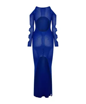 Off-White Viscose Long Sleeve Cut Out Maxi Dress - Blue