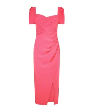 SELF-PORTRAIT Iris Midi Dress With Puff Sleeves And Pleated Details - Pink