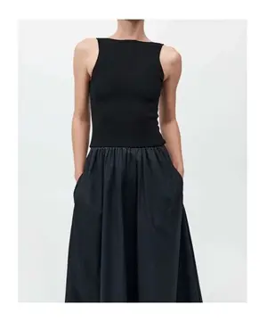 ST. AGNI Sleeveless Lace Knit Patchwork Maxi Dress - Black