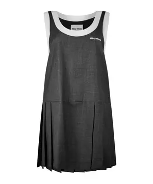 Miu Miu Logo Embroidered Pleated Mini Dress - Black