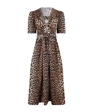 GANNI Leopard Print Belted Midi Tea Dress - Black