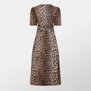 GANNI Leopard Print Belted Midi Tea Dress - Black